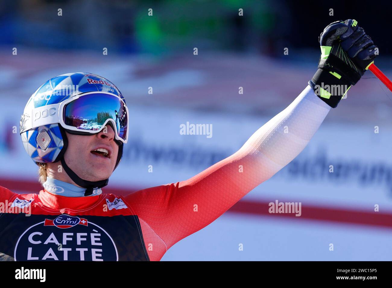Switzerland's Marco Odermatt reacts after completing an alpine ski, men ...