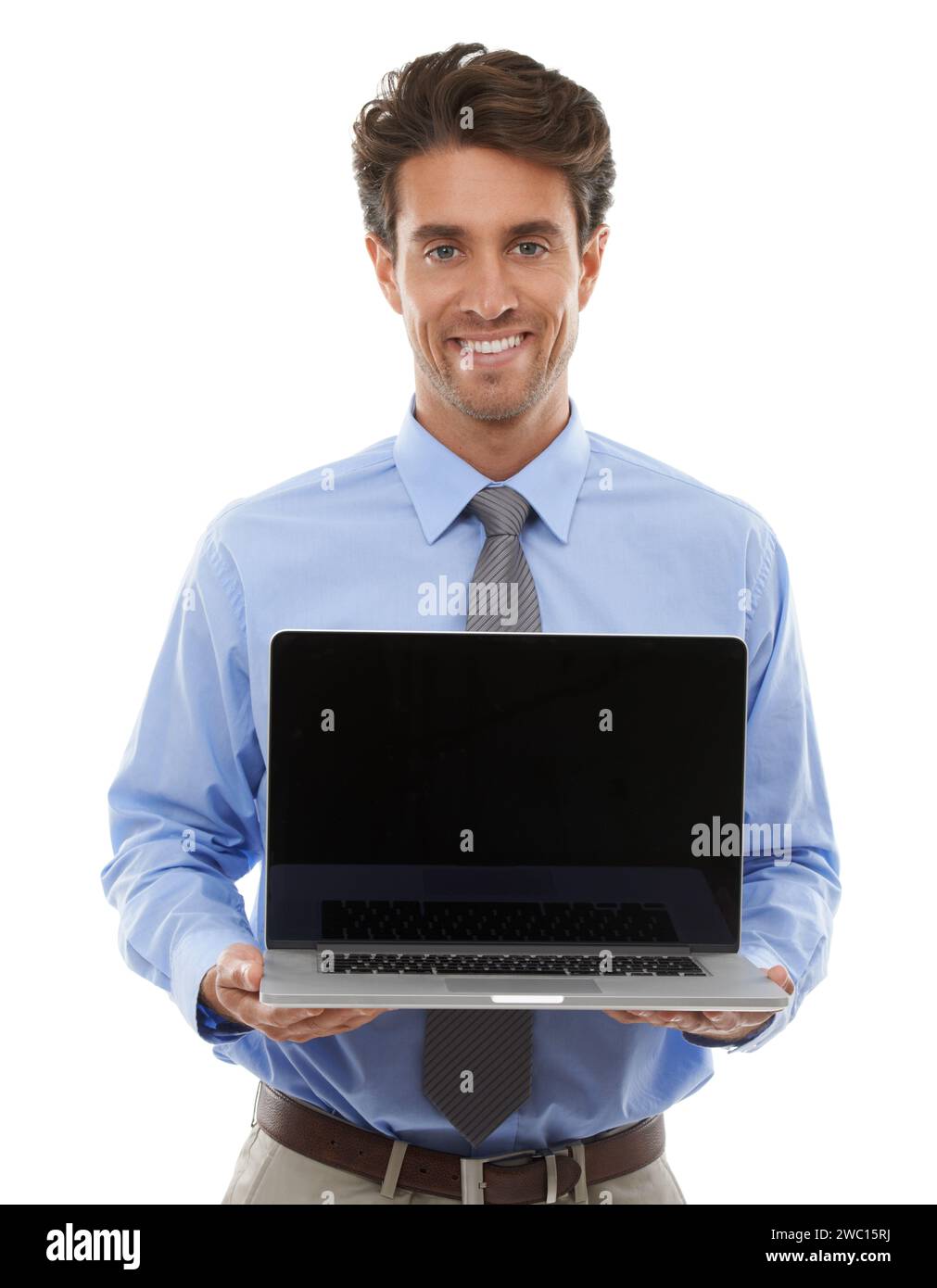 Portrait, business man and laptop screen in studio for deal, offer and ...