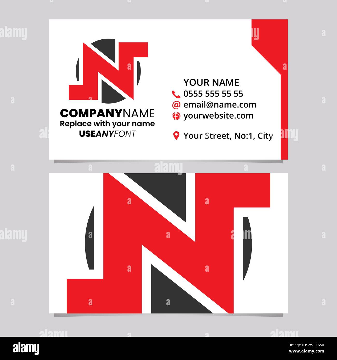 Red and Black Business Card Template with Round Bold Letter N Logo Icon ...
