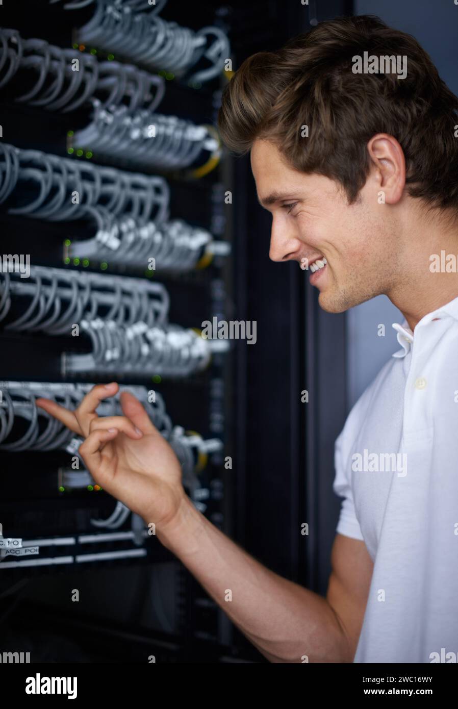 Server room, man and check cables with smile, thinking and connectivity ...