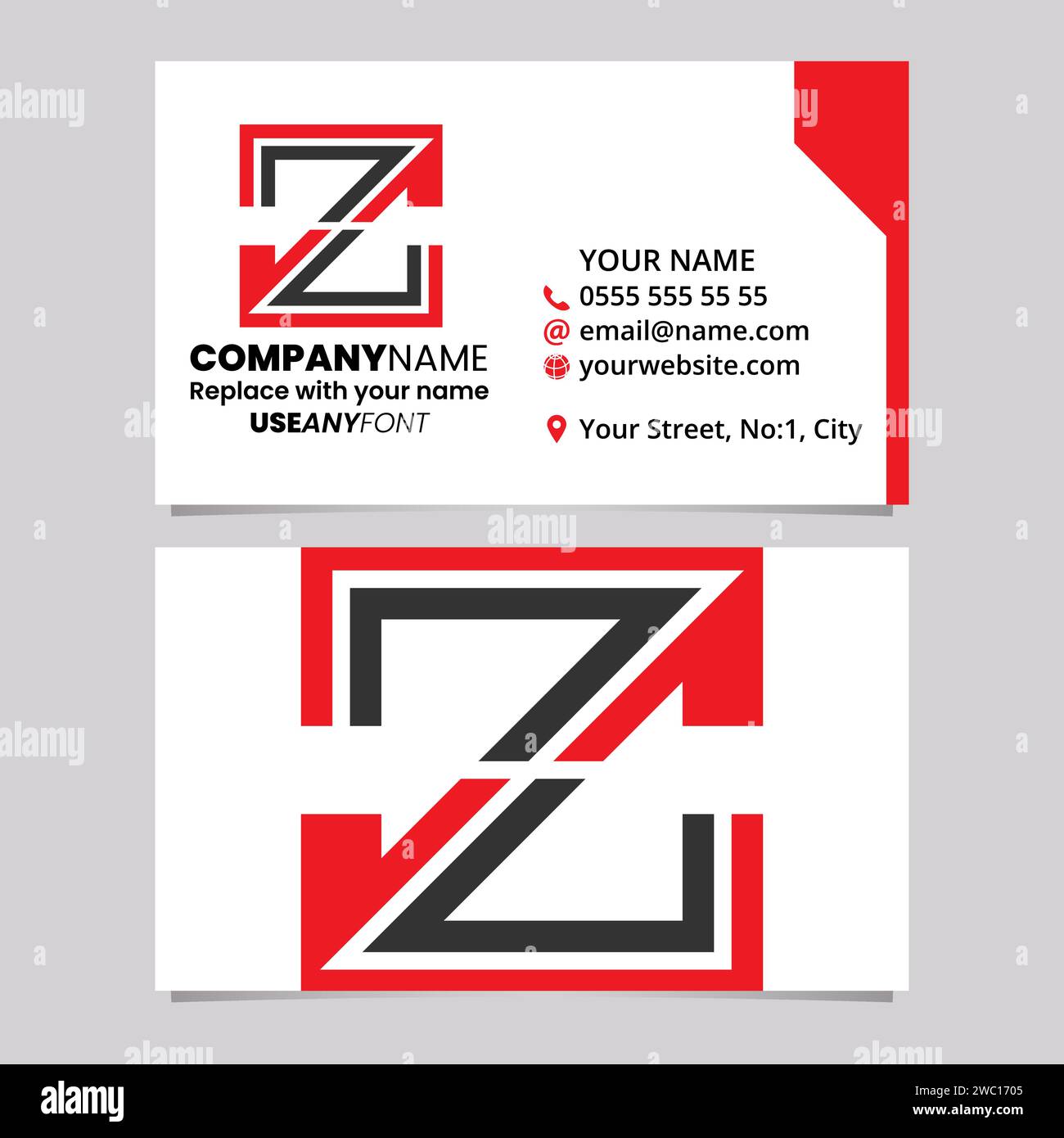 Red and Black Business Card Template with Striped Shaped Letter Z Logo ...