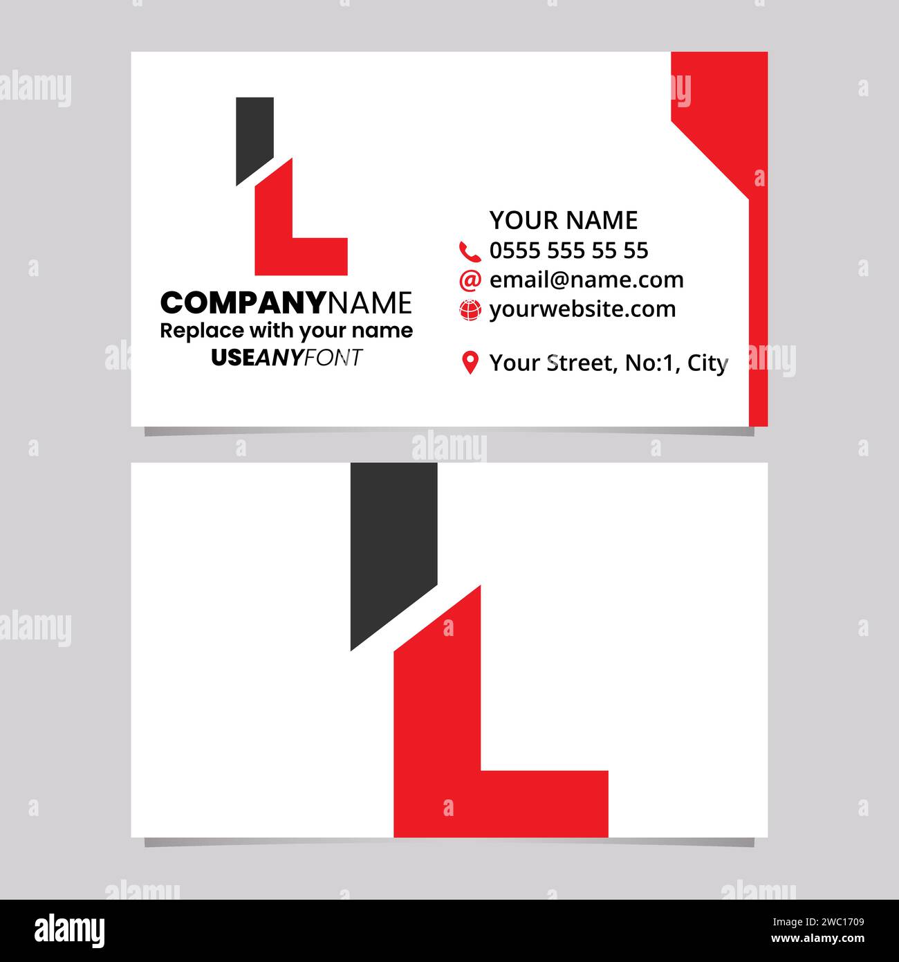 Red and Black Business Card Template with Split Shaped Letter L Logo ...