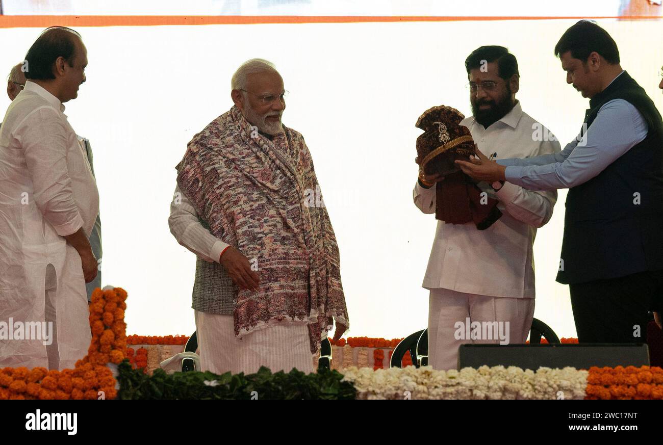 NAVI MUMBAI, INDIA - JANUARY 12: Prime Minister Narendra Modi with CM ...