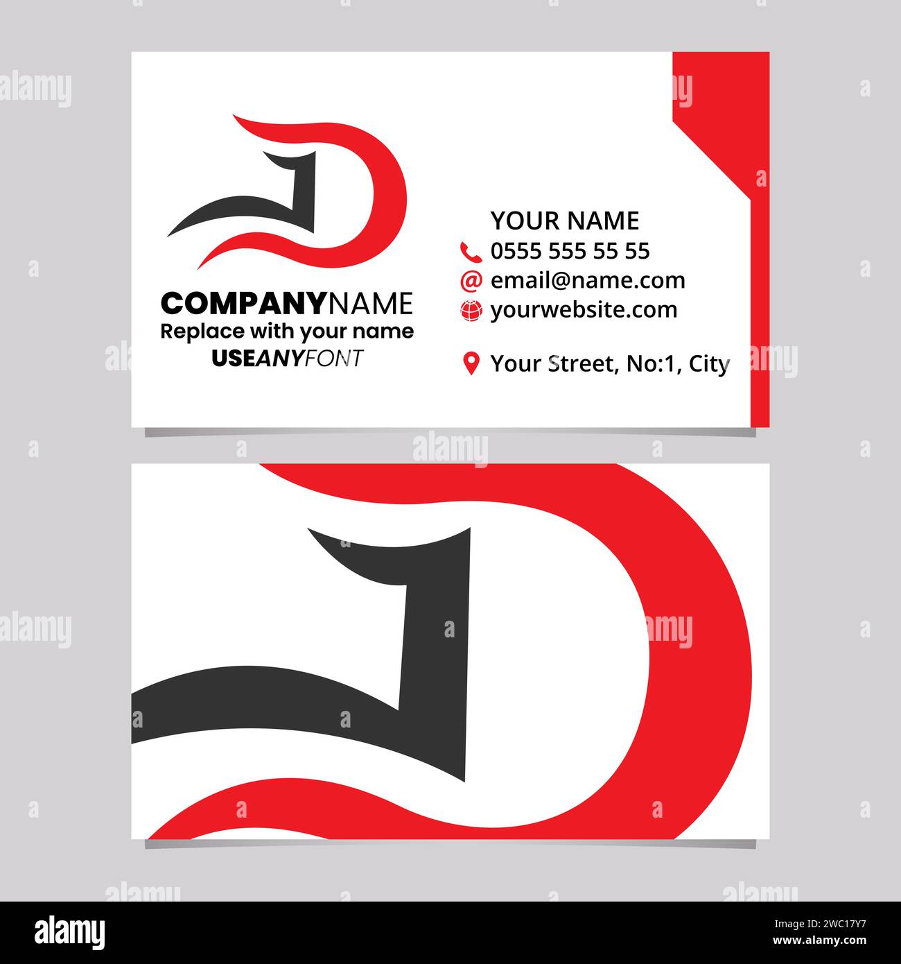 Red and Black Business Card Template with Wavy Curved Letter D Logo ...