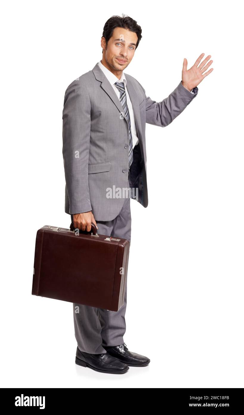 Portrait, hello and business man with briefcase in studio isolated on a ...