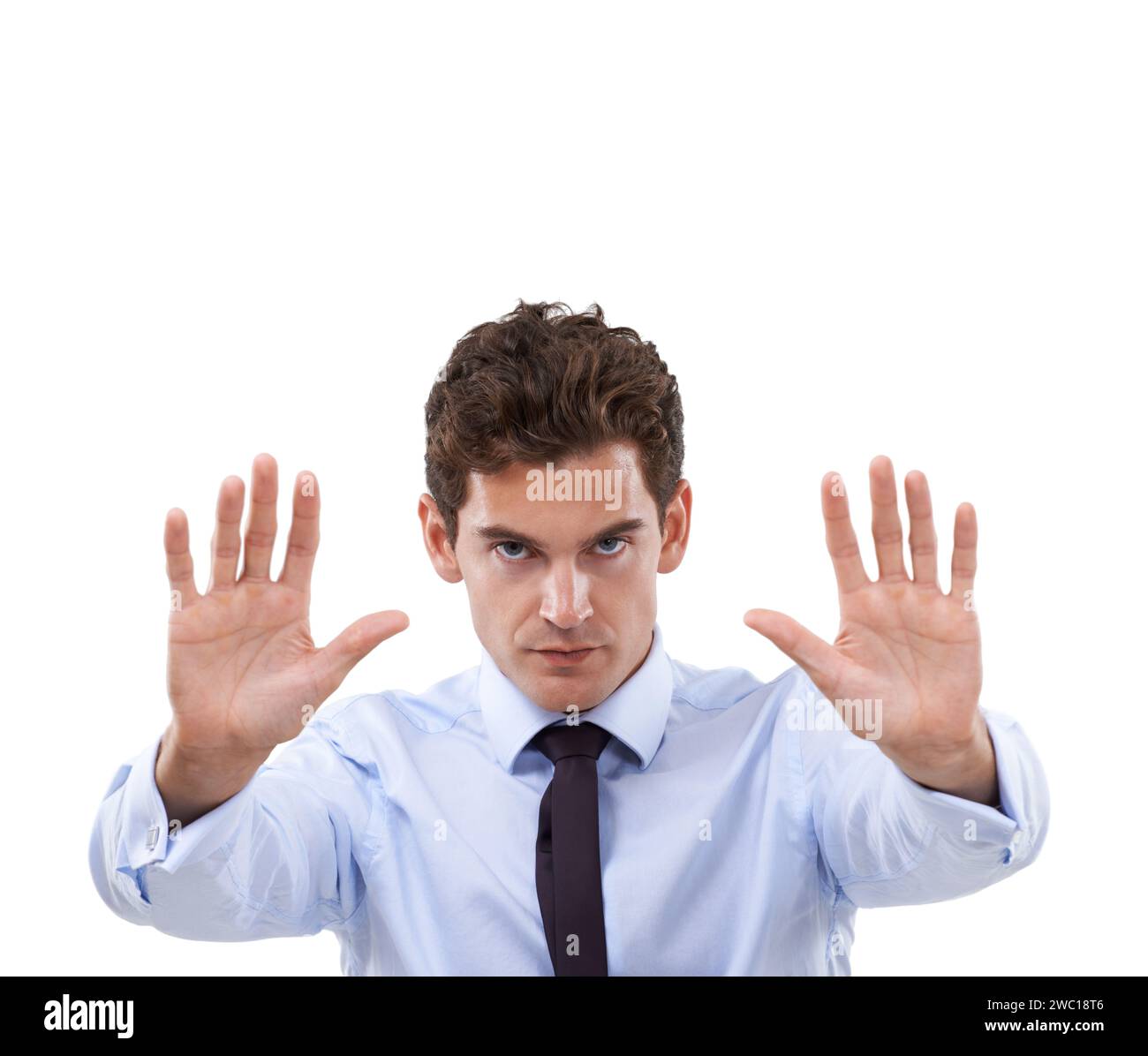 Businessman, hand and stop in studio portrait with forbidden warning ...