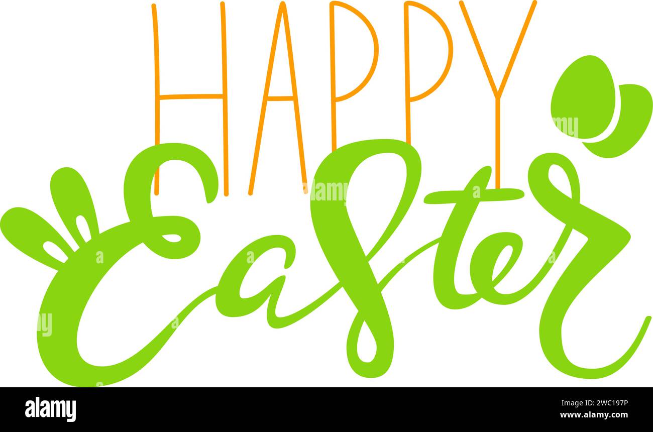 Cute Happy Easter lettering quote with bunny ears and eggs decoration ...