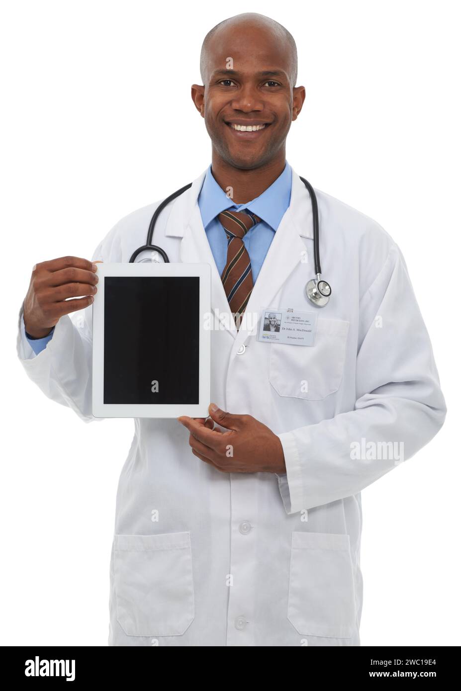 Happy doctor, portrait and screen of tablet in studio for advertising ...