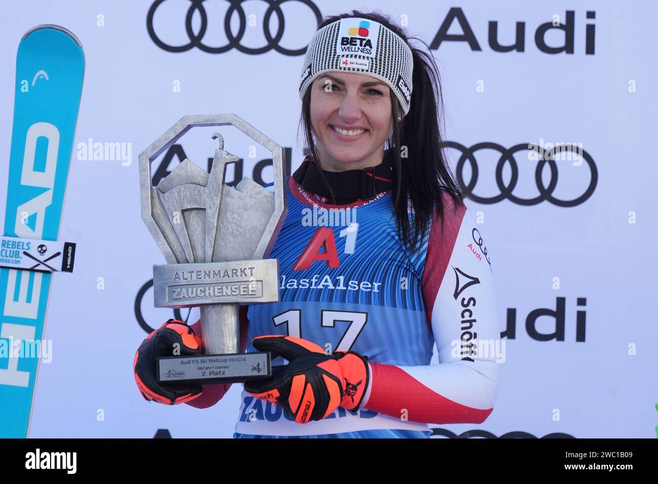 Second placed Austria's Stephanie Venier, celebrates after an alpine ...