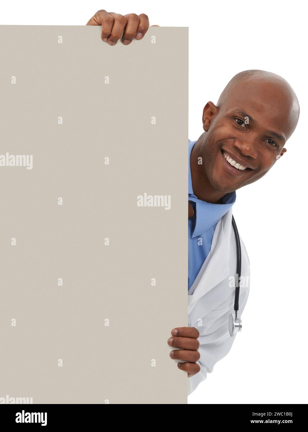 Doctor, poster and portrait of happy black man with commercial info ...
