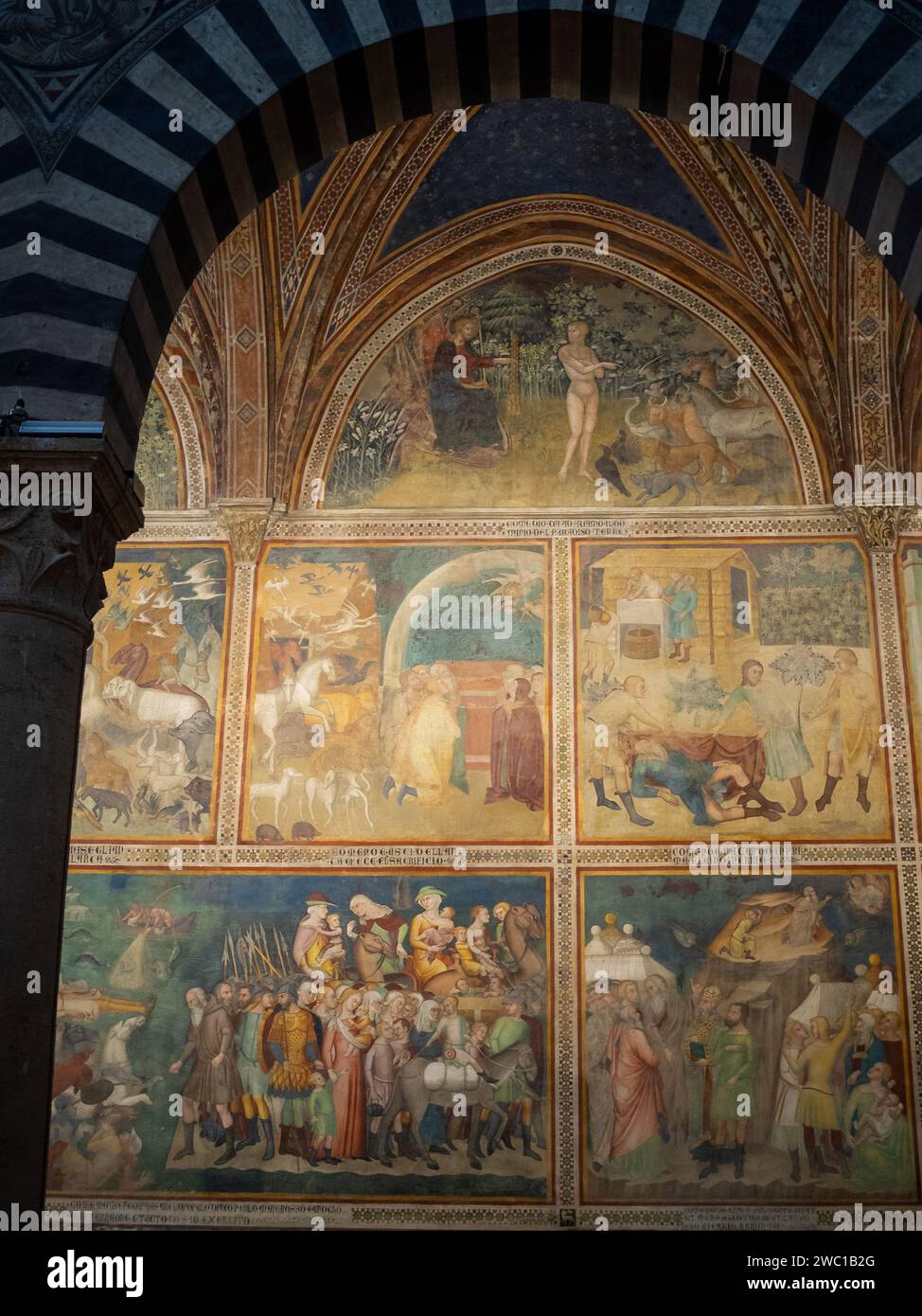 Adam names the animals, by Bartolo di Fredi, atop other wall frescos ...