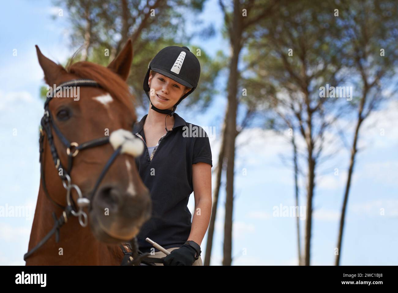 Equestrian, portrait and riding a horse in nature on adventure, journey ...
