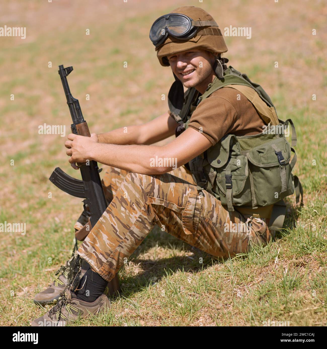 Military, smile and training with man and gun in nature for war ...