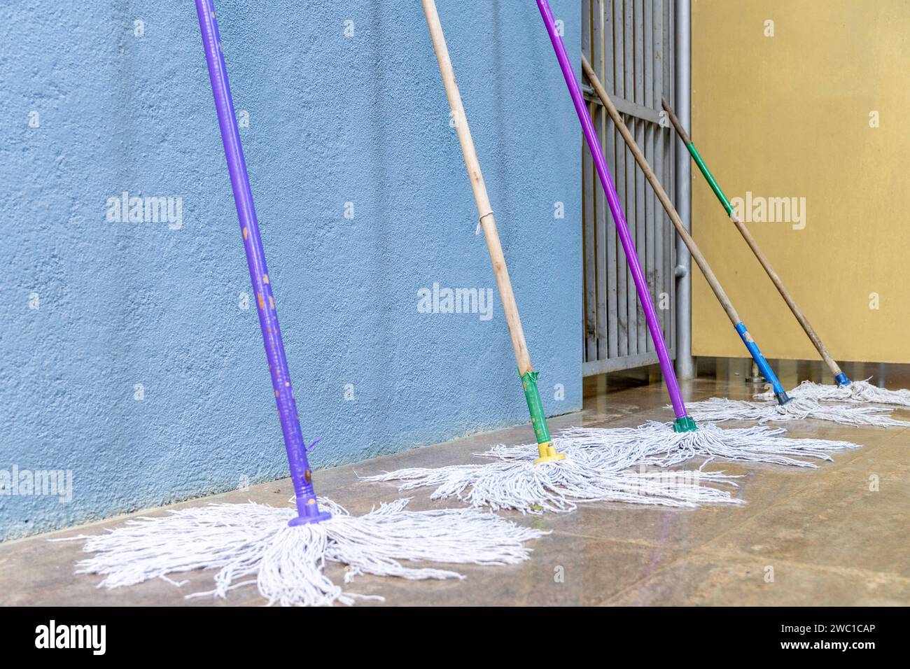 21 December 2023: several mops for cleaning leaning against a wall ...