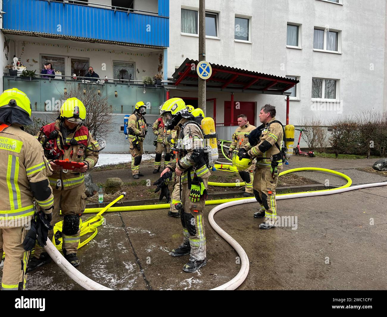 Berlin, Germany. 13th Jan, 2024. Firefighters fight a fire. A fire in ...