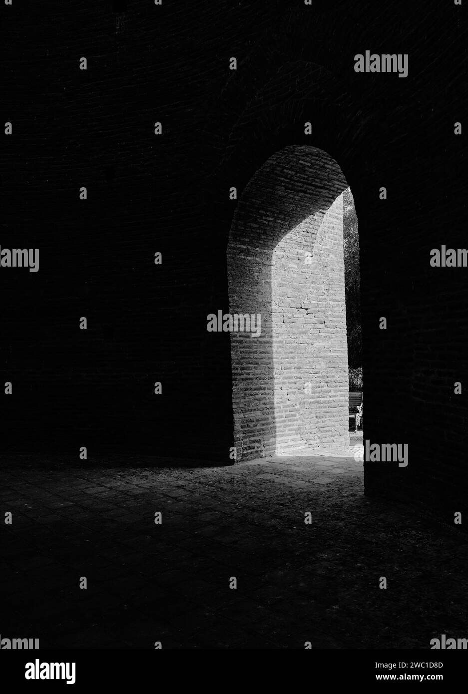 Inside the view of entrance gate Toghrol Tower, black and white photo ...
