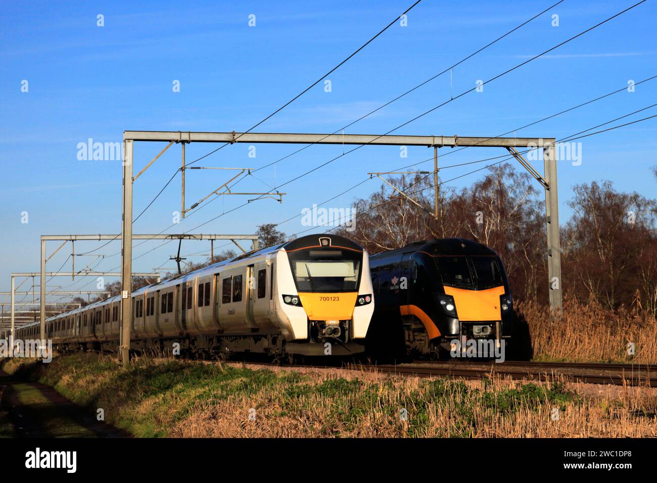 700123 Thameslink train passing 180 class Grand Central trains, Offord ...