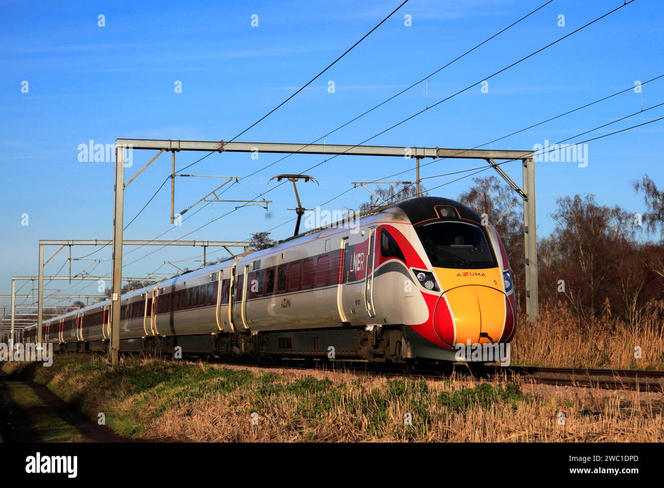 LNER, Azuma 801 class train passing Offord Cluny village, East Coast ...