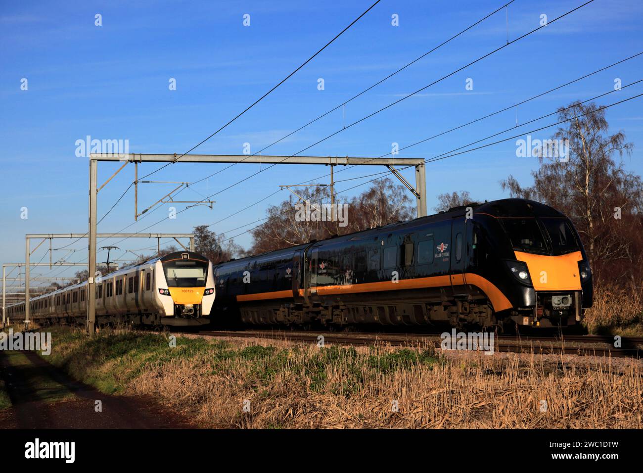 700123 Thameslink train passing 180 class Grand Central trains, Offord ...