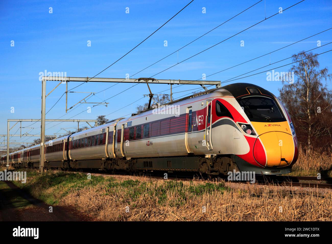 LNER, Azuma 801 class train passing Offord Cluny village, East Coast ...