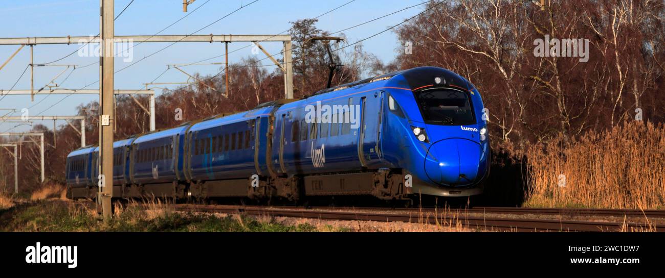 Lumo trains 803002 train, East Coast Main Line near Peterborough City ...