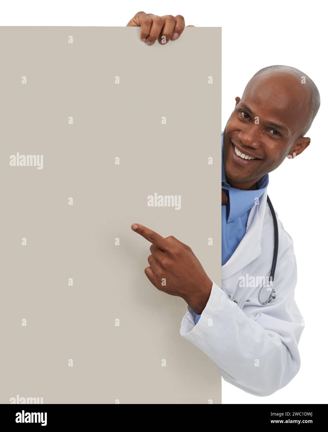 Happy doctor, portrait and black man point at poster, hospital promo or ...