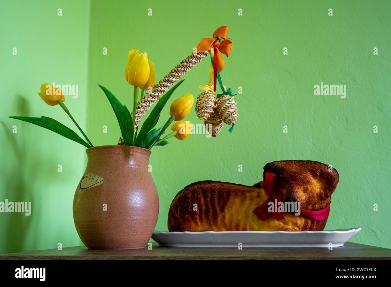 Display of traditional czech Easter decorations with easter lamb cake ...