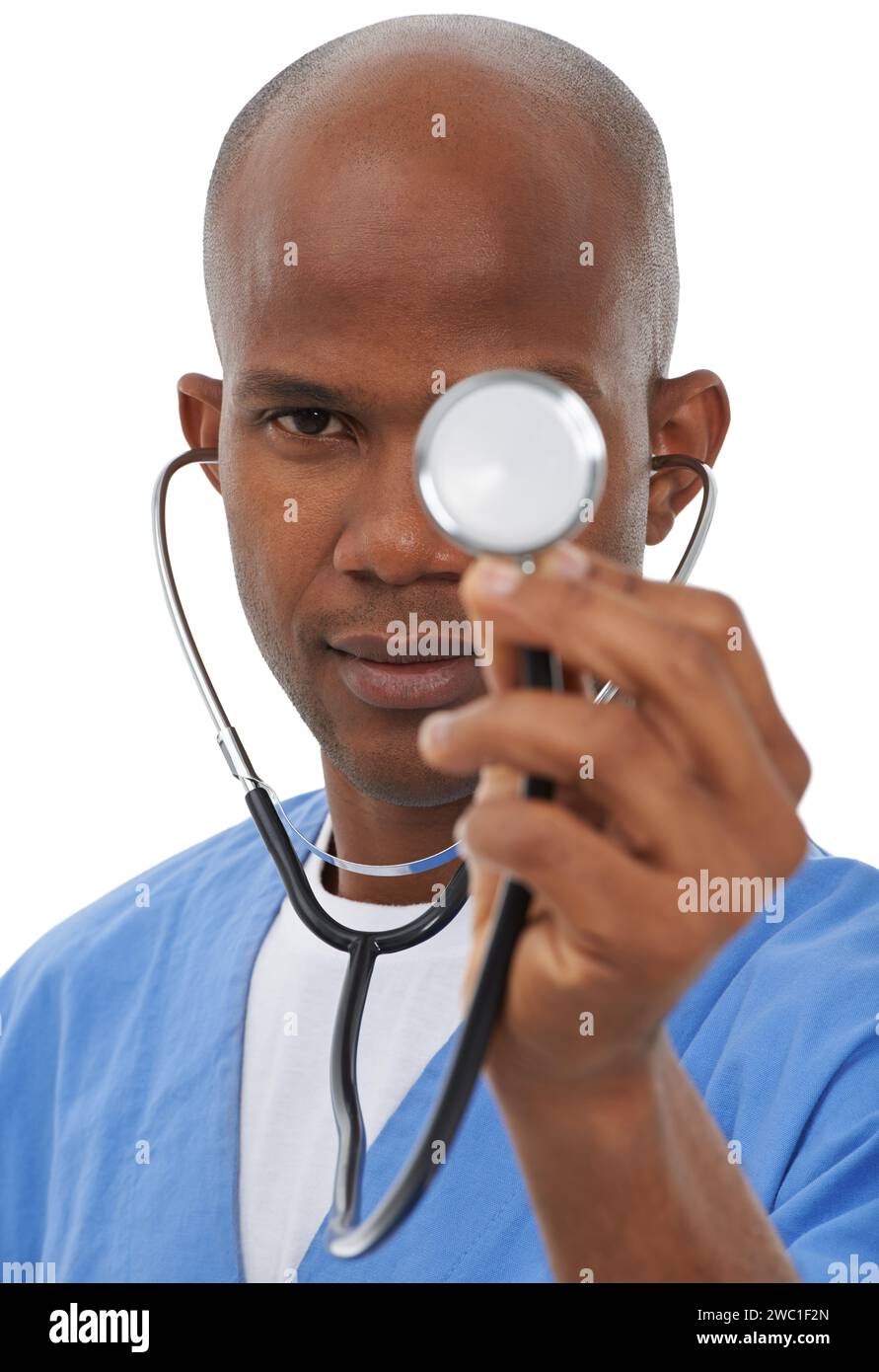 Stethoscope, black man and portrait of surgeon serious for heartbeat ...
