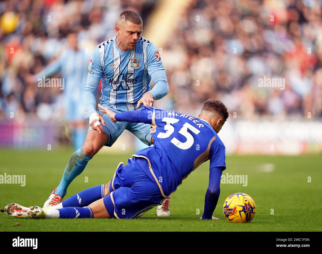 Coventry City's Jake Bidwell and Leicester City's Kasey McAteer battle ...