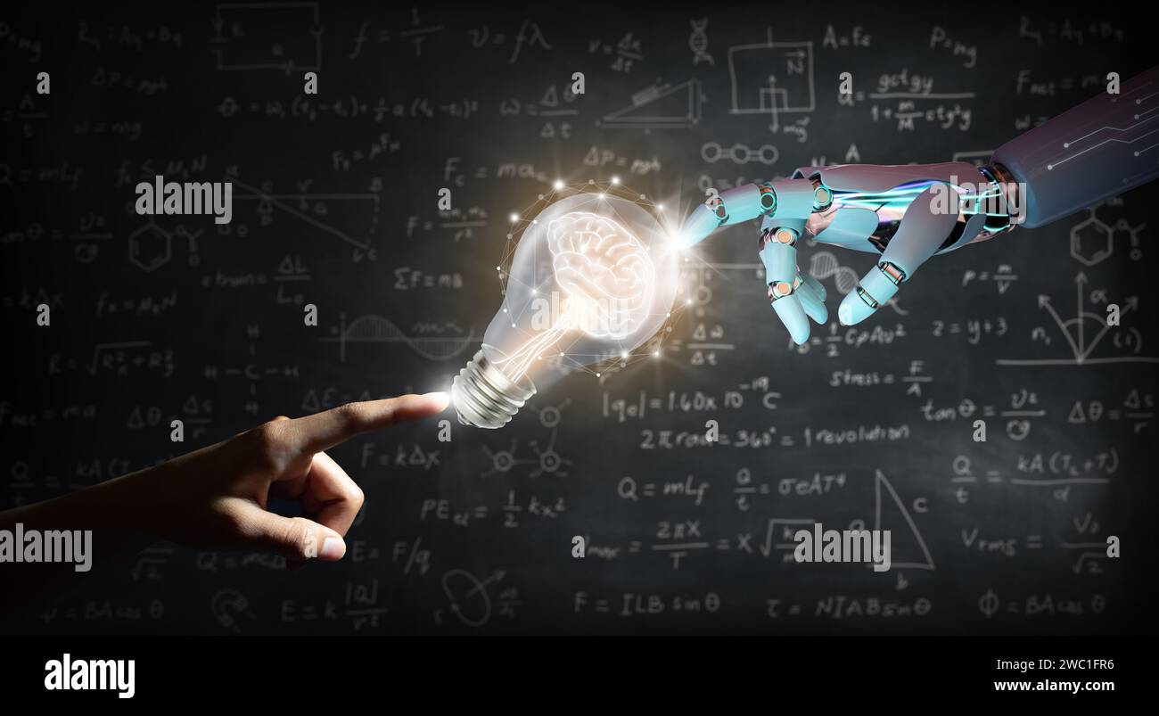 Ai Robot hand and Human hand pointing a brain inside a light bulb on ...
