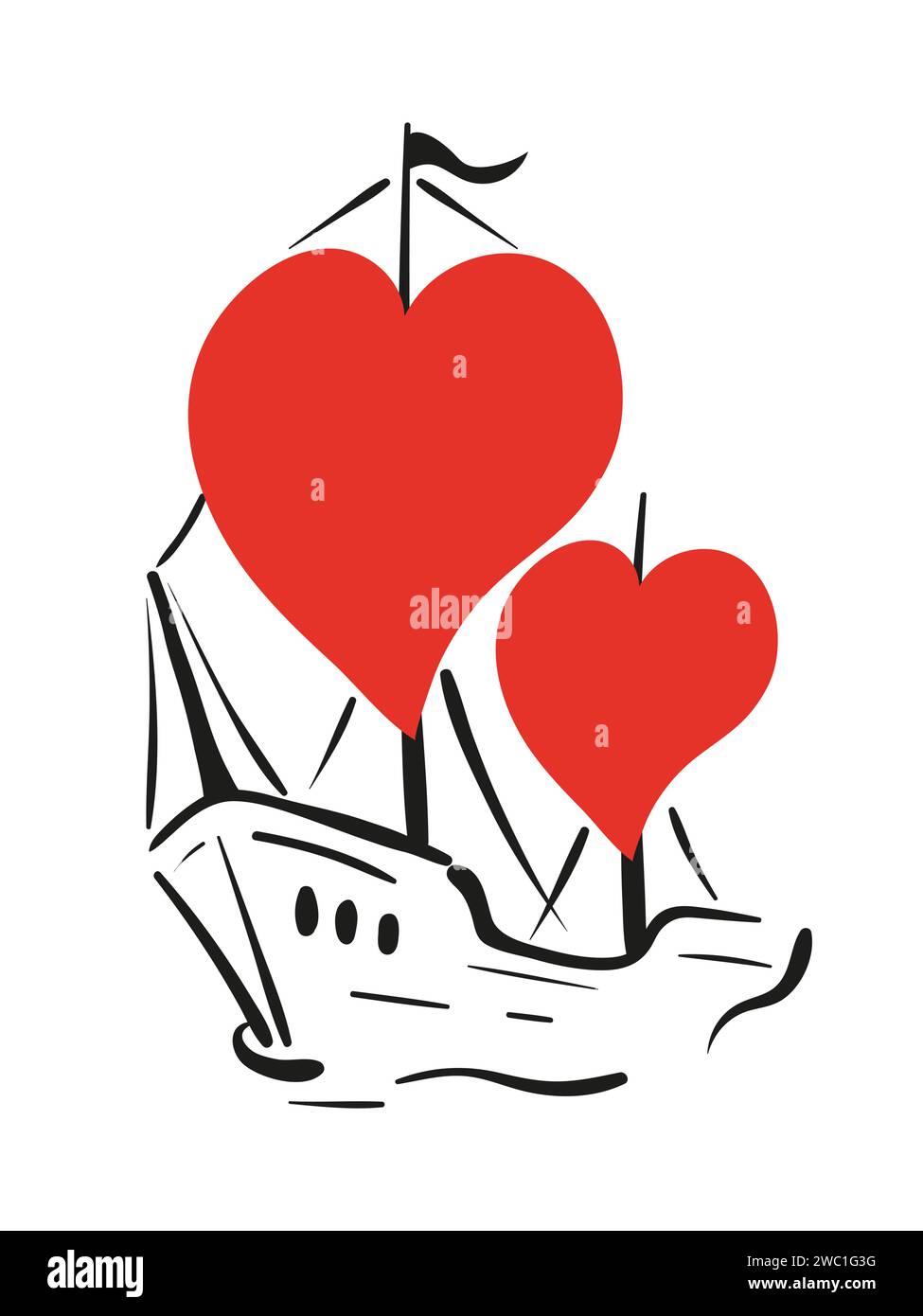 Doodle ship with heart shaped sails. Love concept. Romantic vector ...