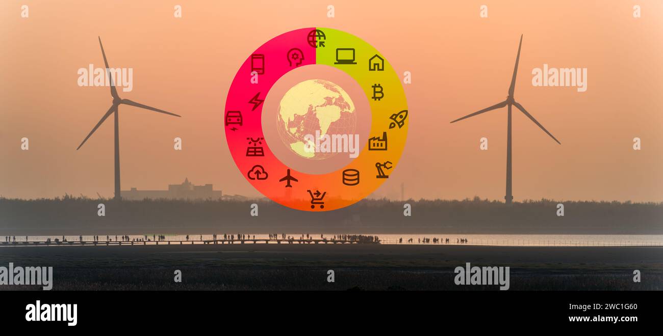 Various icons of human life around green earth. Clean and sustainable ...