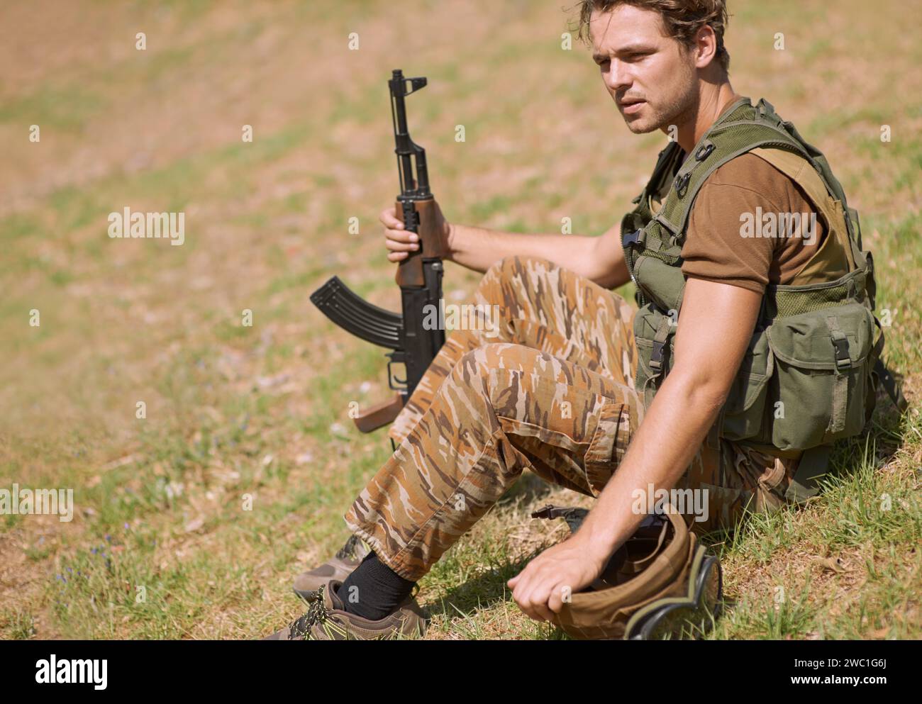 Military, thinking and training with man and gun in nature for war ...