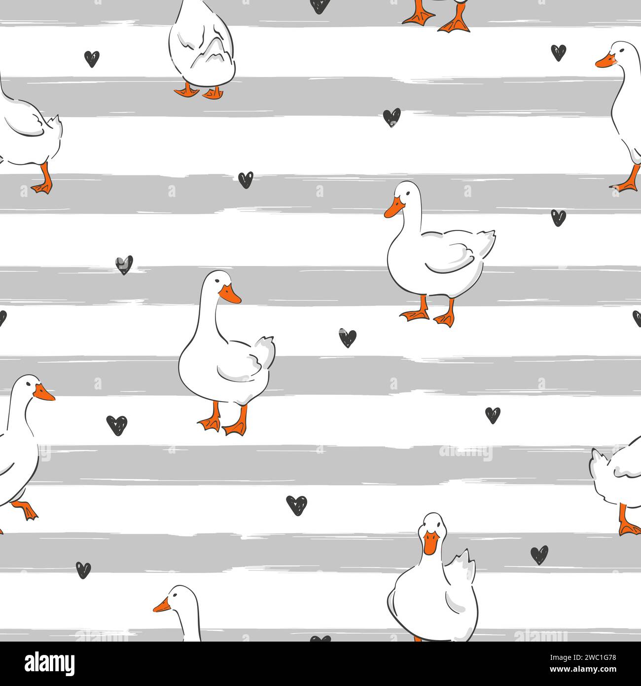 Cute ducks seamless pattern. Vector duck bird illustration on striped ...