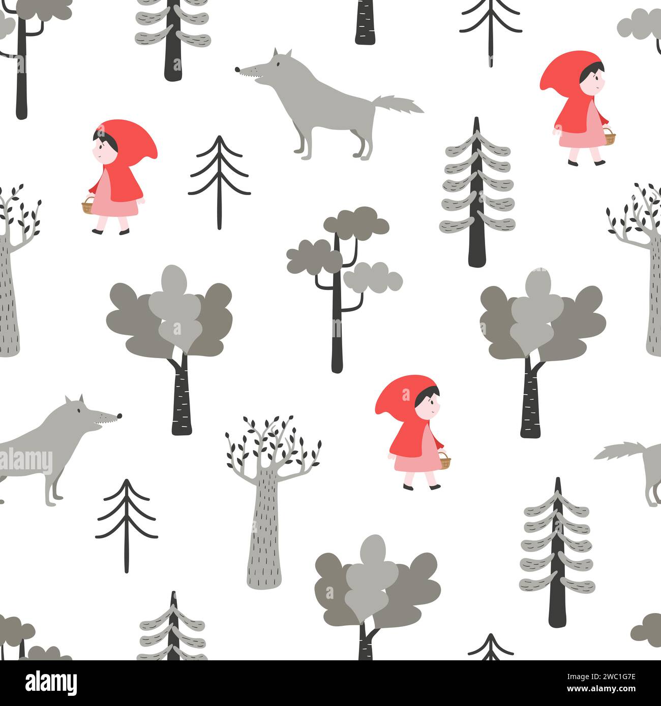Red Riding Hood fairy tale seamless pattern. Cartoon girl and wolf in ...