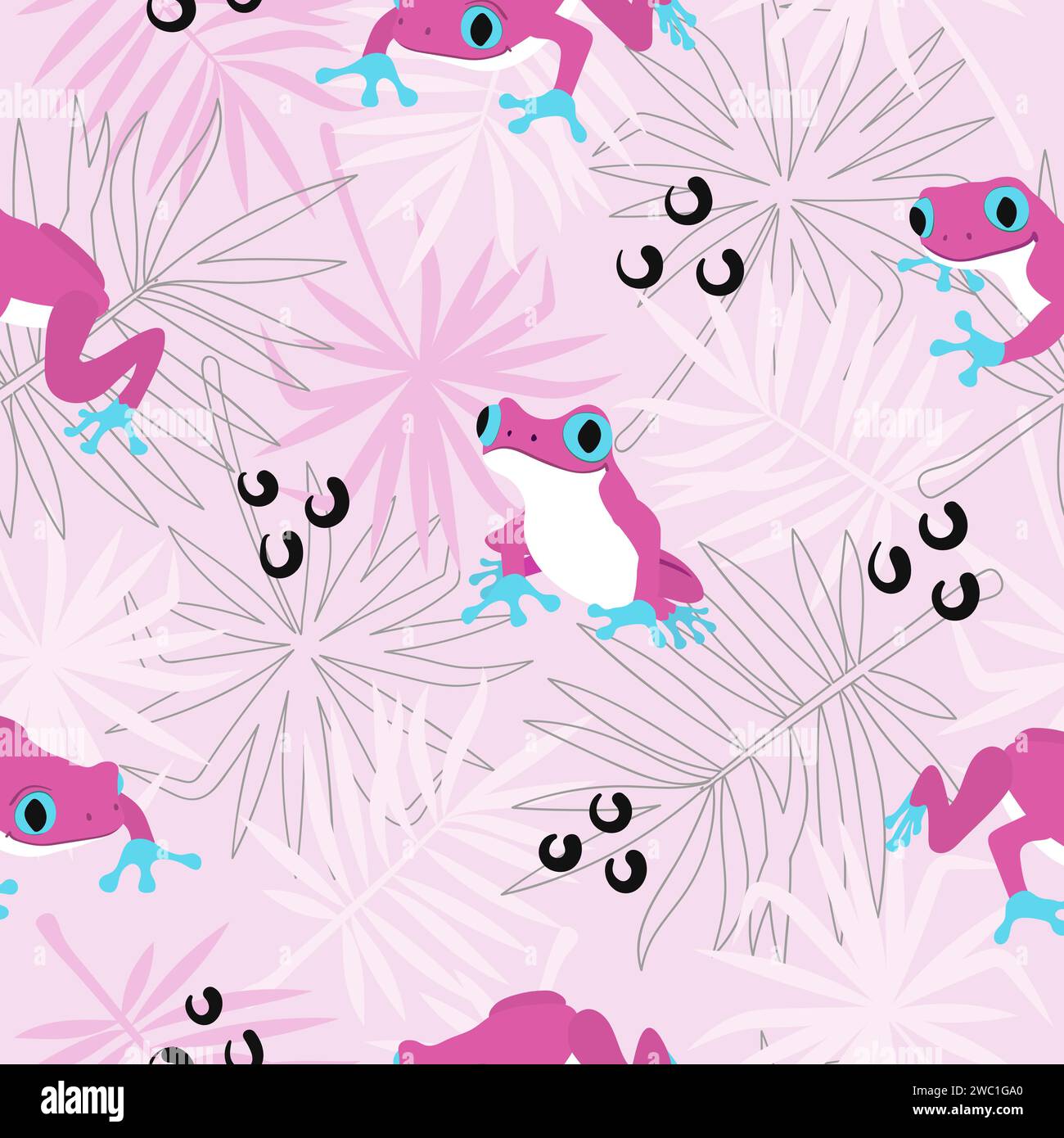 Seamless vector tropical pattern with cute tree frogs and palm leaves ...
