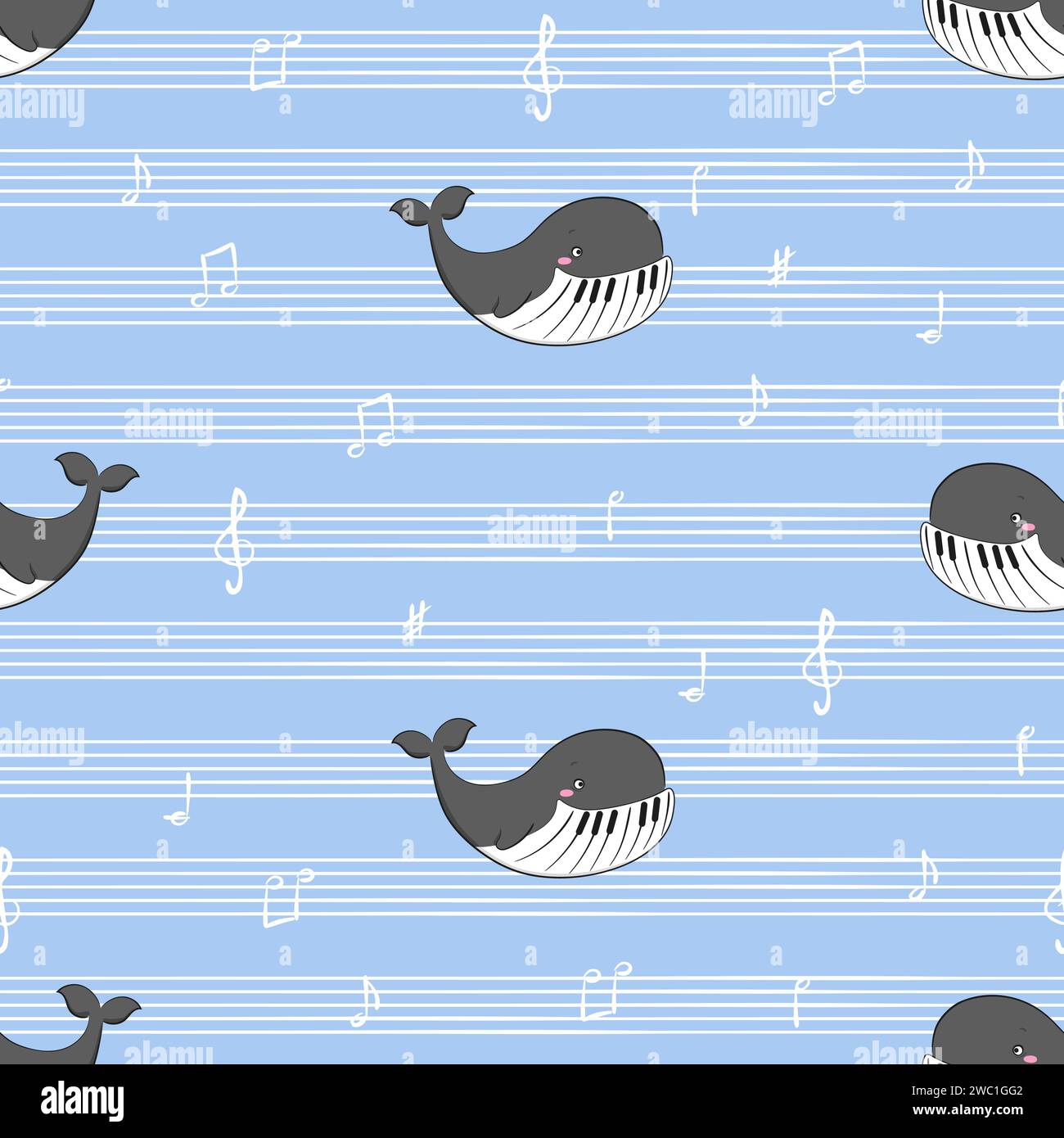 Seamless musical pattern with cute whales and notes. Vector music ...