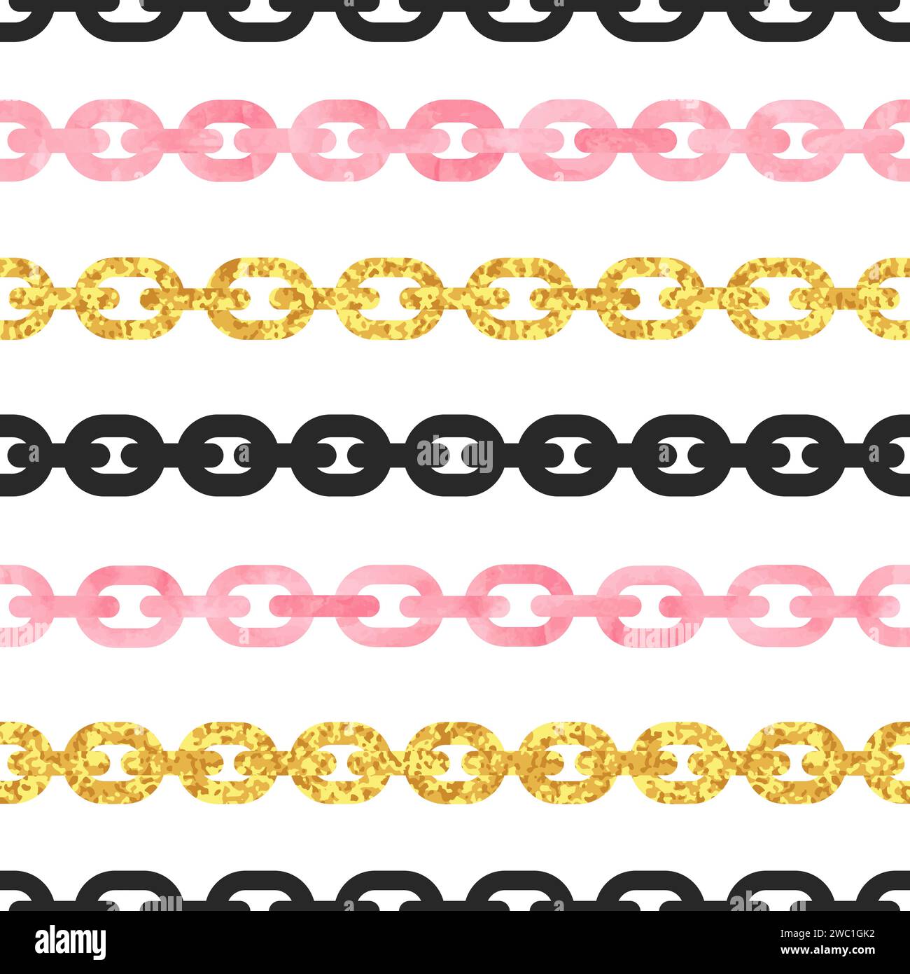 Seamless chain pattern in pink, black and golden colors. Vector striped ...