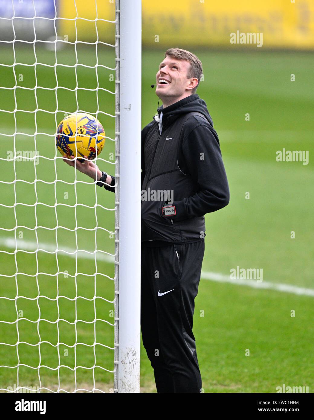 Referee Samuel Barrott all smiles as he checks over the goals ahead of ...