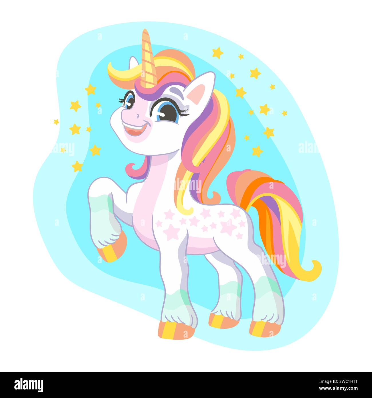 Cute happy smiling unicorn with rainbow main and tail. Isolated ...