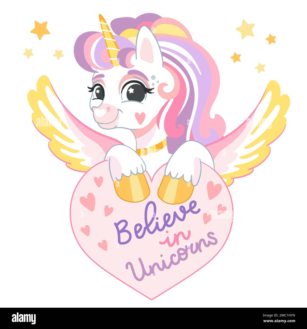 Cartoon cute unicorn holding heart with text believe in unicorns ...