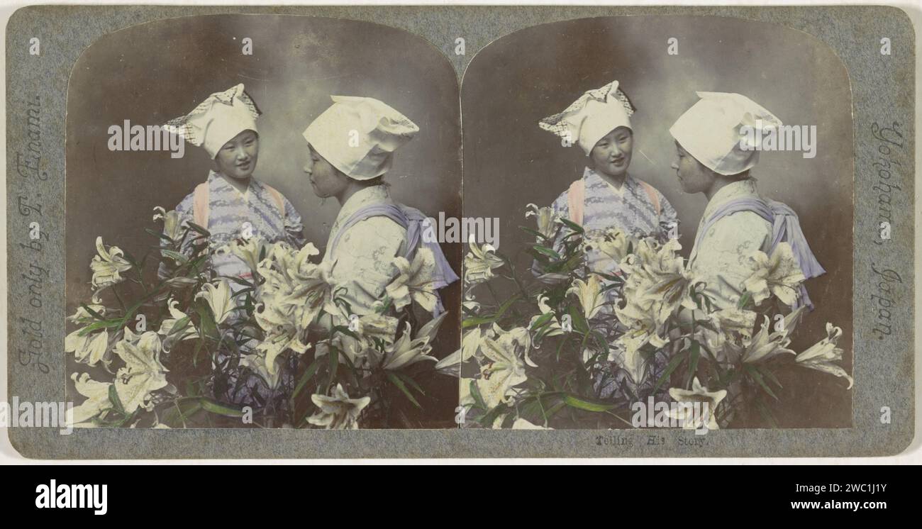 Two Japanese women in conversation next to a bunch of Lelies, T. Enami ...