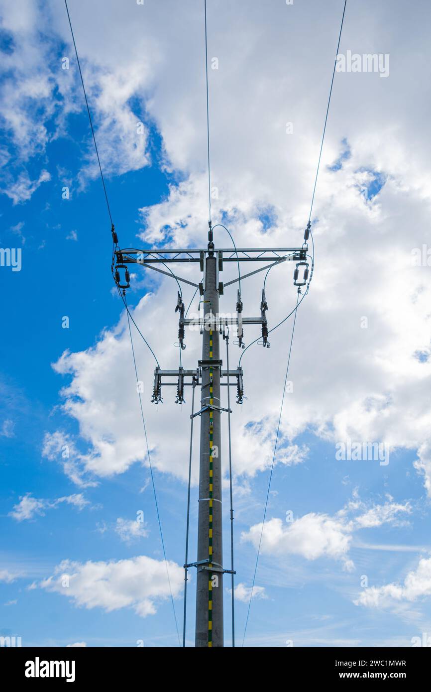high (medium) voltage overhead line, pole with insulators and ...
