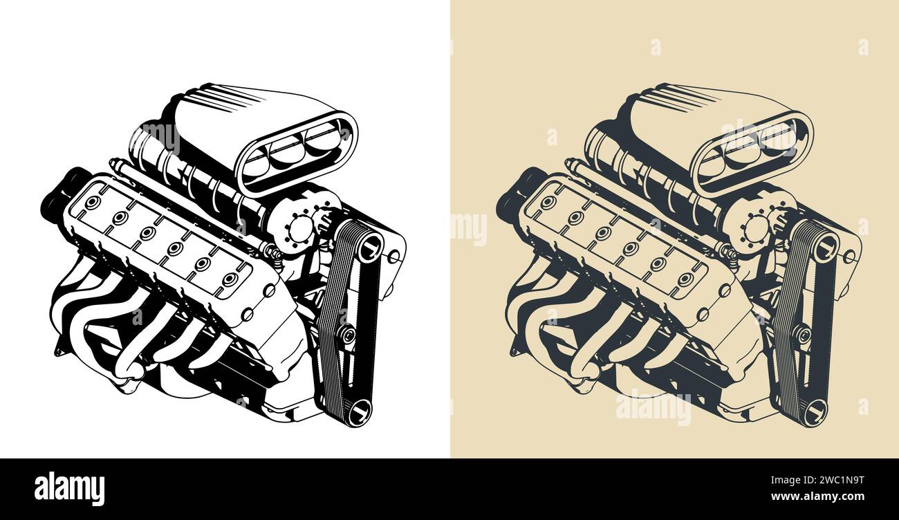 Stylized vector illustrations of a powerful twelve-cylinder ...
