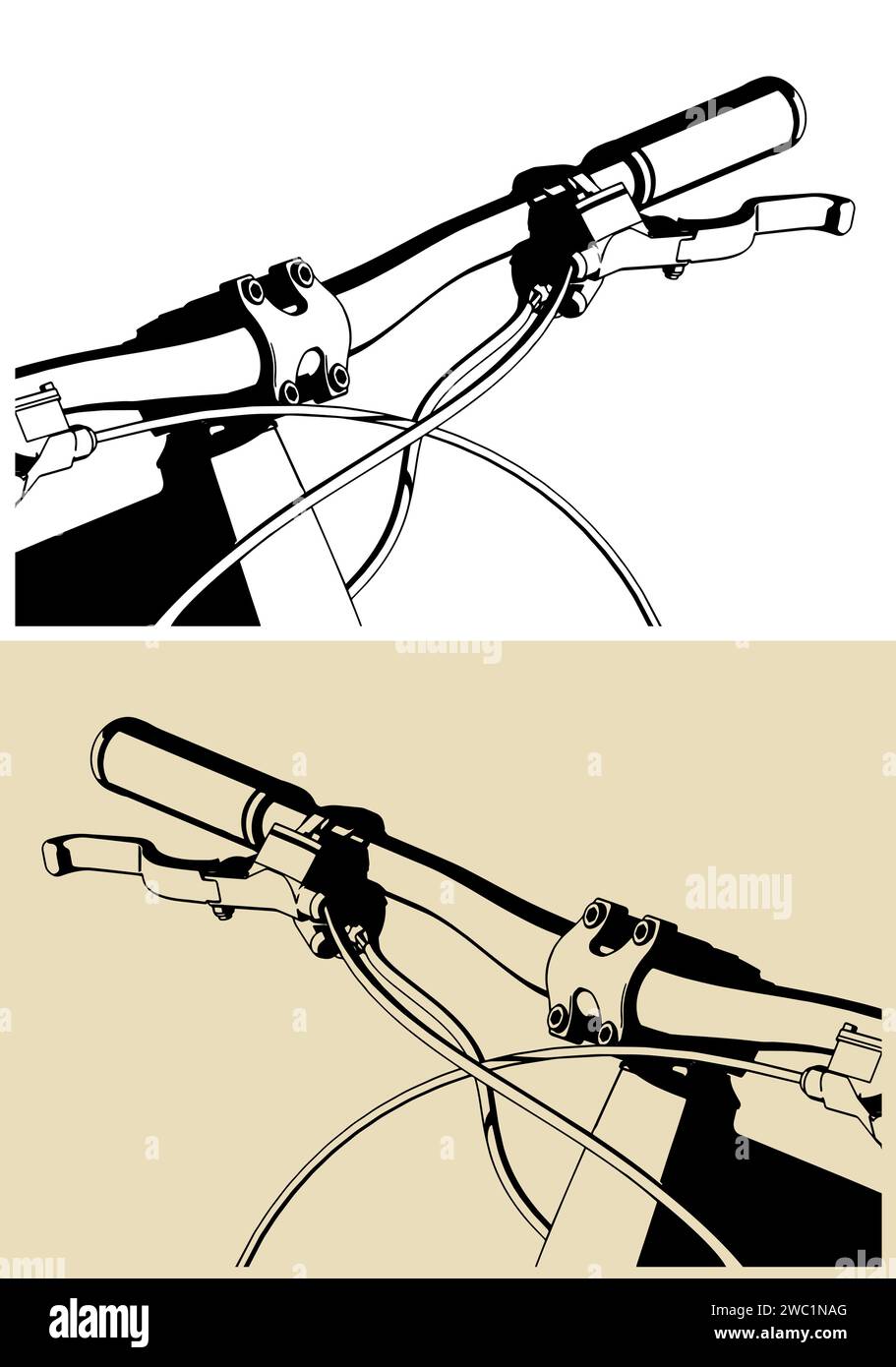 Stylized vector illustrations of a trail bicycle steering and rubber ...