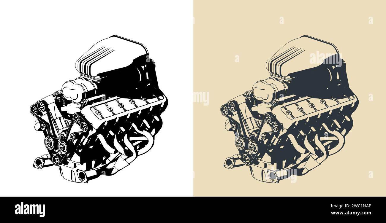 Stylized vector illustrations of a powerful twelve-cylinder ...