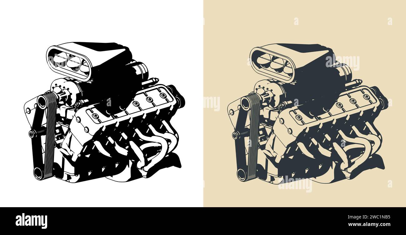 Stylized vector illustration of a powerful twelve-cylinder turbocharged ...