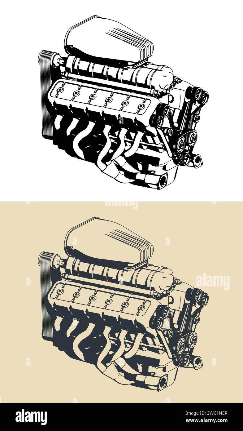 Stylized vector illustrations of a powerful twelve-cylinder ...