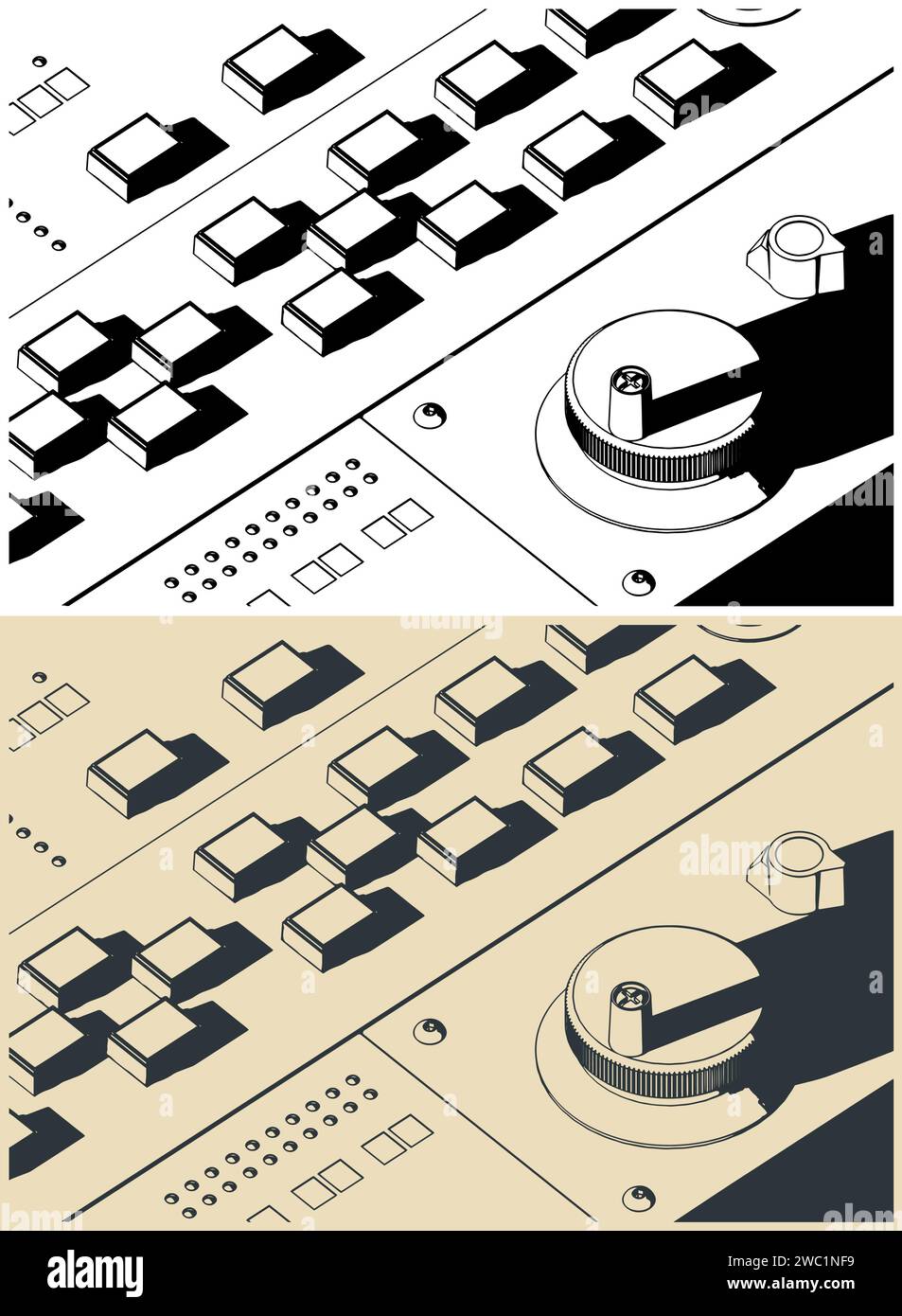 Stylized vector illustration of production line control panel close up ...