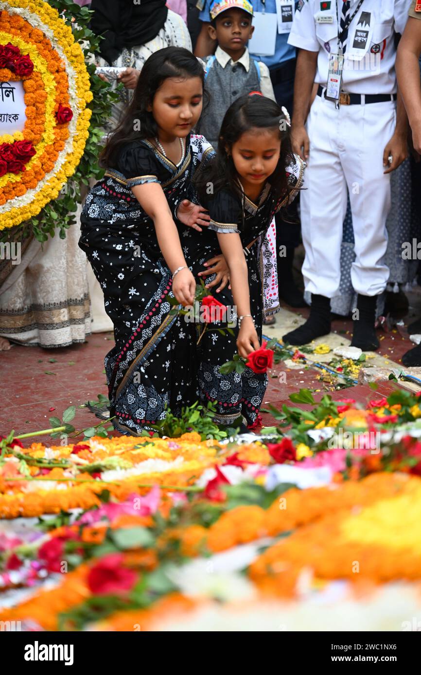 February 21, 2023: Central Shahid Minar with wreaths and flowers as the ...